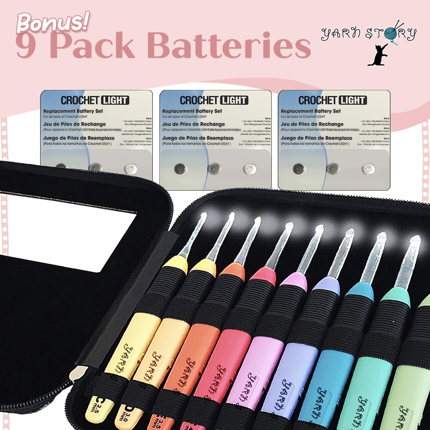 Crochet Kit, 9 Crochet Light Hooks, Lighted Crochet Needles Set - Led Crochet Hook Set with Ergonomic Handle, Crochet Hook Case and 9 Extra Batteries - 9 Knitting Needles from 2.5mm to 6.5mm (Black)