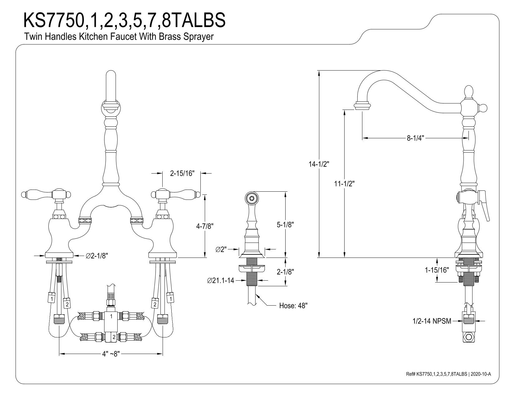 Kingston Brass KS7750TALBS Tudor Bridge Kitchen Faucet, Matte Black, 13.88 x 8.25 x 14.5