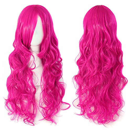 MapofBeauty 70cm Long Pink Wavy Cosplay Party Curly Wig (Rose Red)