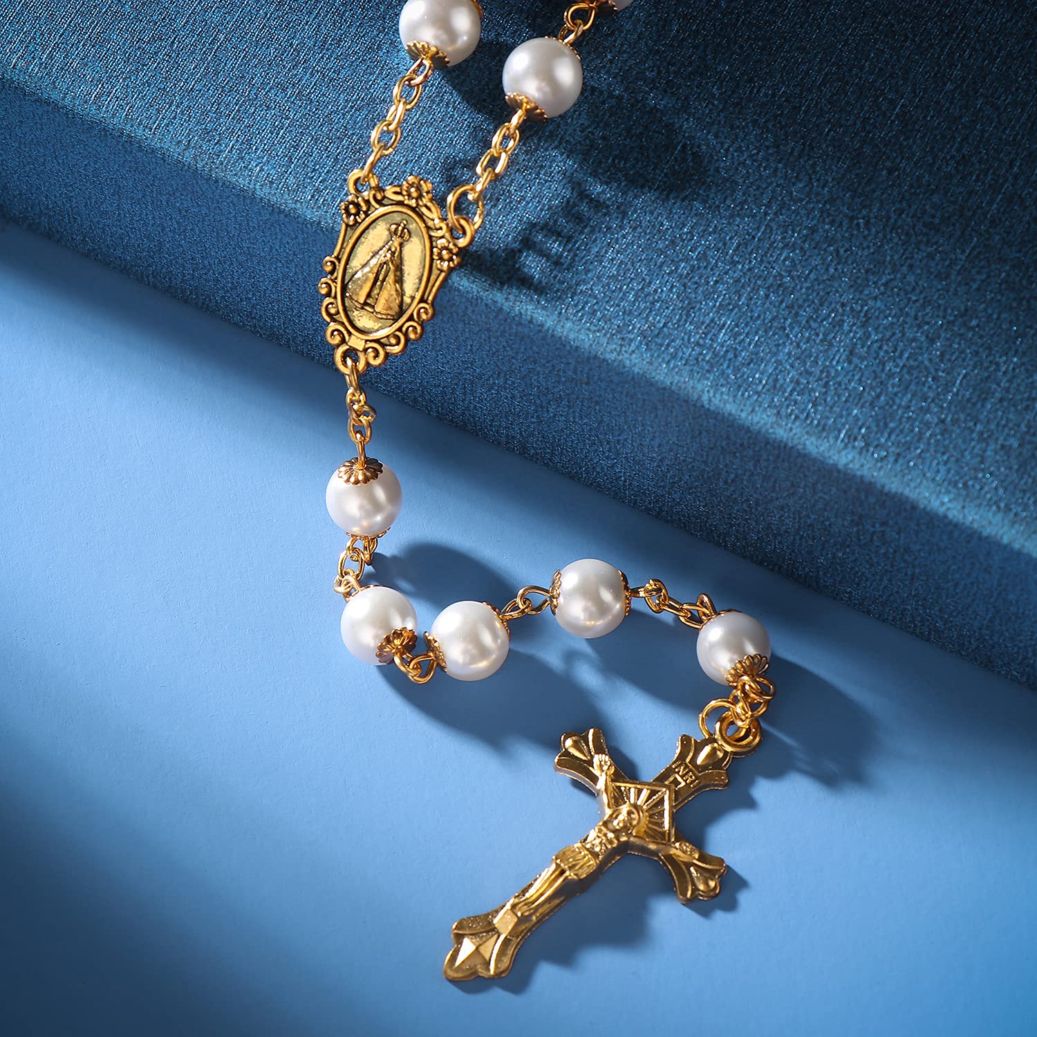 Catholic Gold Rosary, Pearl Beads Prayer Rosary Necklace, Gold Plated Beaded Rosary for Women