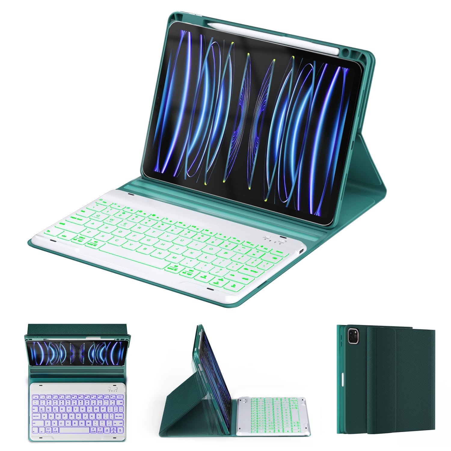 OYEEICE Keyboard Case for iPad Pro 12.9 inch (6th, 5th, 4th Gen) & New Air 13 inch M2, 7 Color Backlit Detachable Wireless Keyboard, Auto Sleep/Wake Cover with Pencil Holder (2022 2021 2020) - Teal