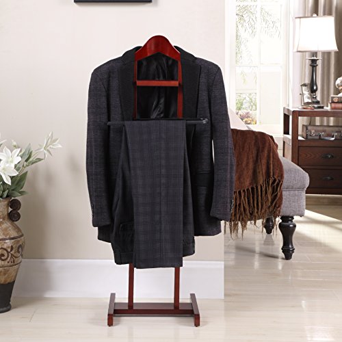 Proman Products Lancaster Suit Valet Stand VL36141 with Tray, Contour Hanger, Trouser Bar, 17" W x 12" D x 42" H, Mahogany