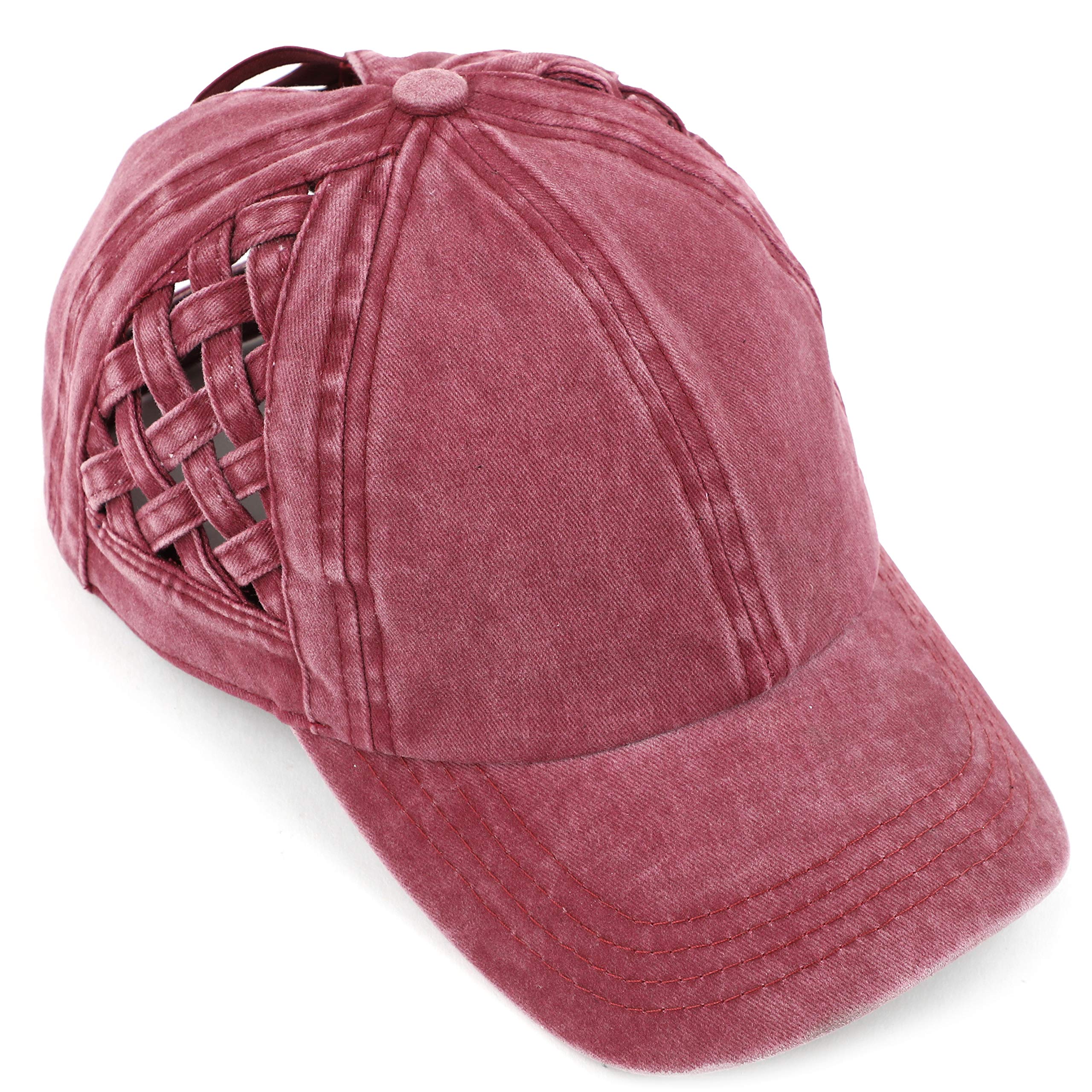 C.C Exclusives Washed Cotton Denim Basket Weave Criss-Cross Ponytail Baseball Cap Bundle Hair Tie (BT-922) (Black)