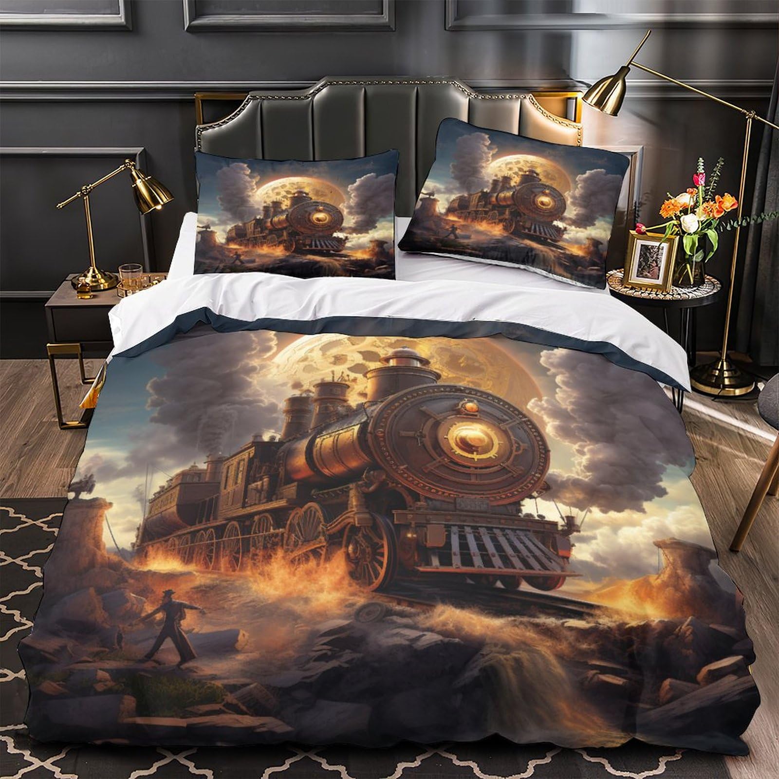 EVMILA Steam Train 3D Print Steampunk Comforter Covers Duvet Cover for Boys Girls Quilt Cover Soft Microfiber with Zipper Closure with Pillow Cases Bedding Set 3 Pieces Twin(173x218cm), Style