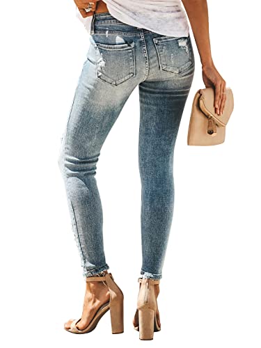 KUNMI Women's Ripped Boyfriend Slim Fit Jeans Frayed Distressed Stretchy Denim Pants