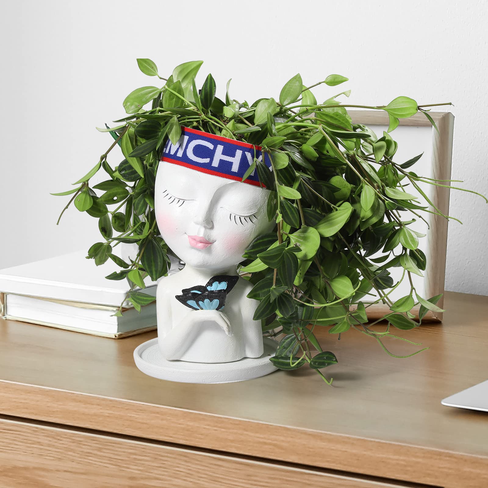 COWATM Face Planters Pots Head for Indoor Outdoor Planter Pot with Butterfly, Succulent Planter with Drainage Hole Cute Lady Face Flower Pots (White)
