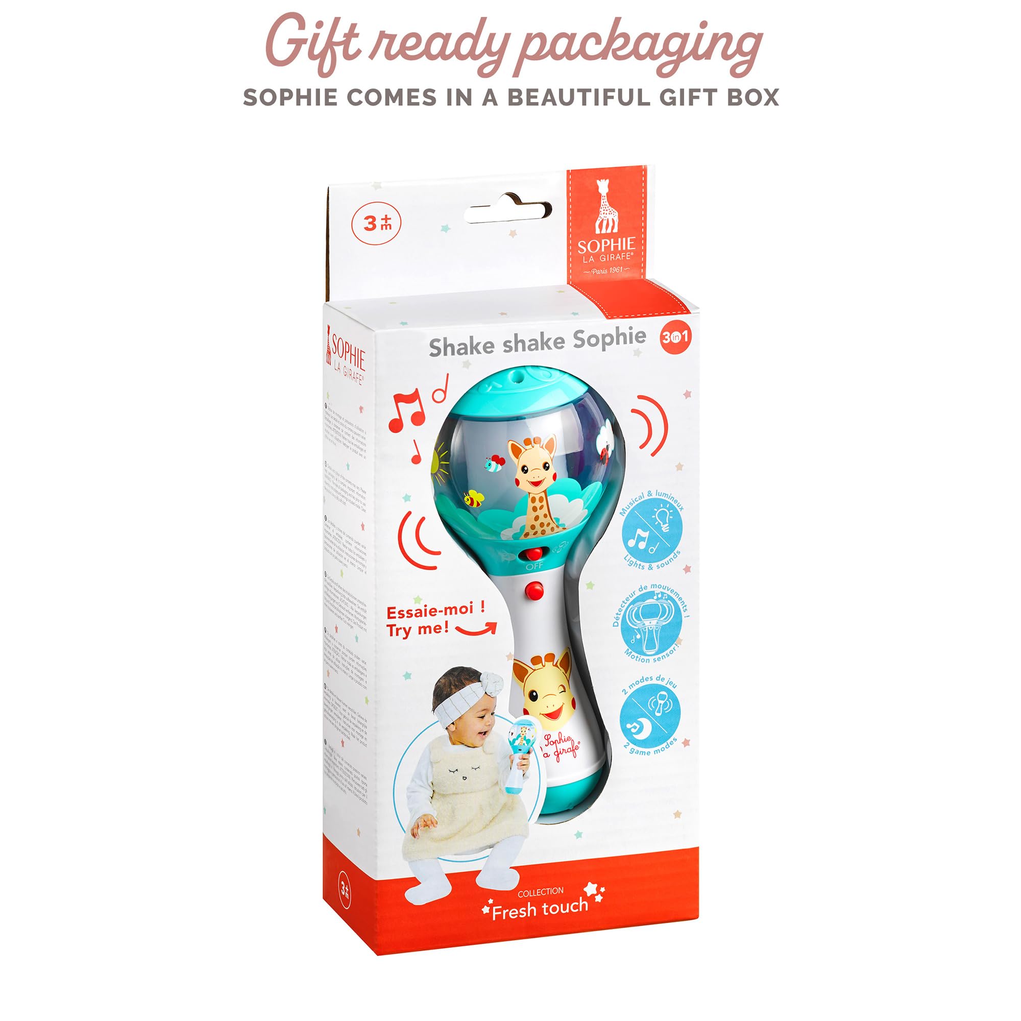 Sophie la girafe | Shake Shake Rattle | Fun & Easy to Grasp Rattle with a Motion Detector | 4 Different Musical Modes for Playtime & 6 Melodies to Soothe Baby to Sleep