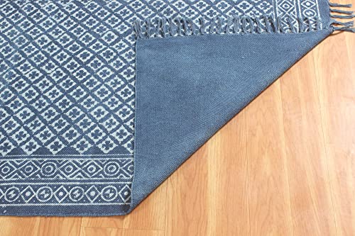 Indigo Blue Rug for Bathroom Handmade Cotton Durries Boho Kilim Rug Flat Weave Indoor Floor Decorative Rugs for Balcony Lounge Floor Bedroom Balcony