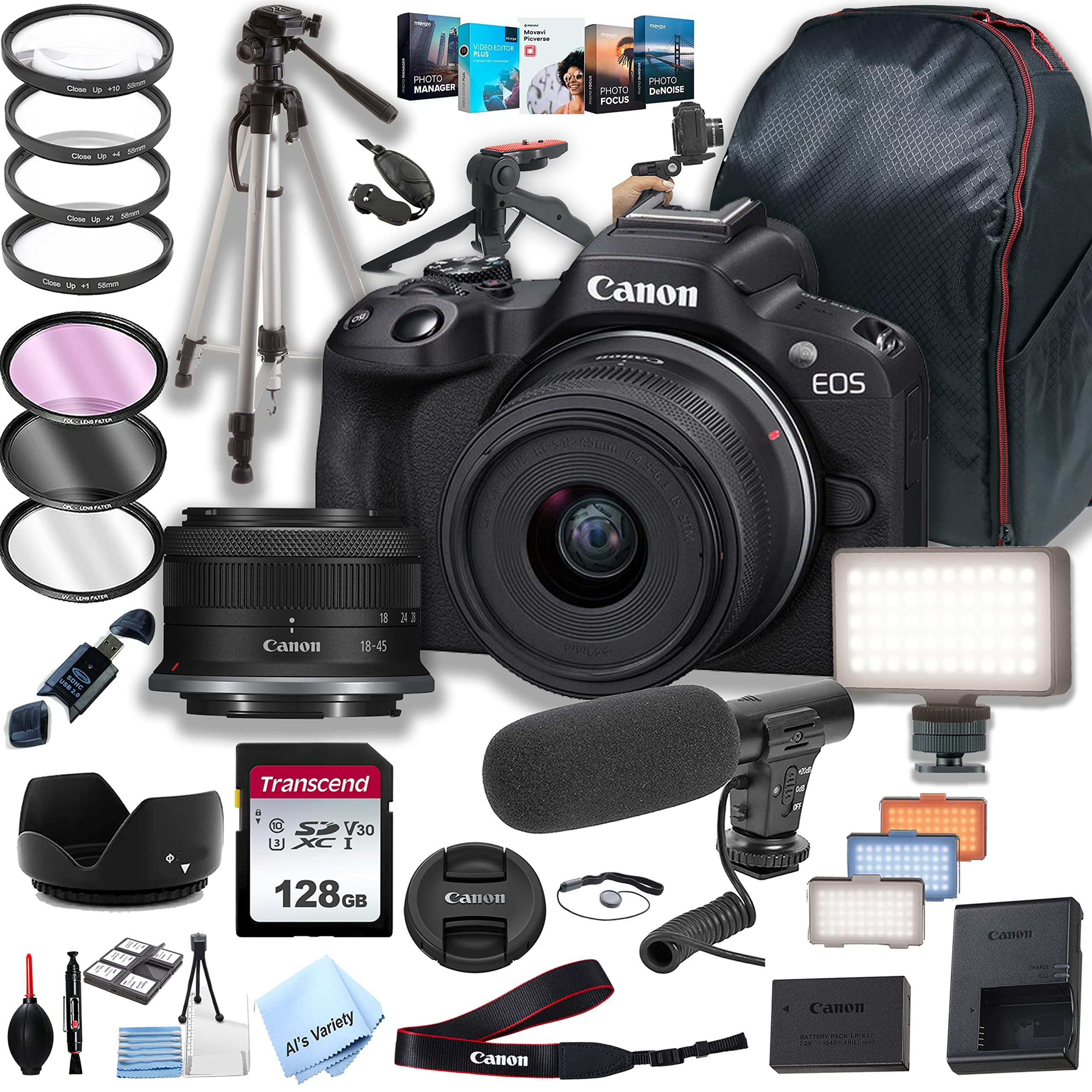 Canon EOS R50 Mirrorless Camera with RF-S 18-45mm f/4.5-6.3 is STM Lens+ 128GB Memory + LED Video Light + Microphone + Back Pack + Steady Grip Pod + Tripod + Filters + Software + More (Renewed)