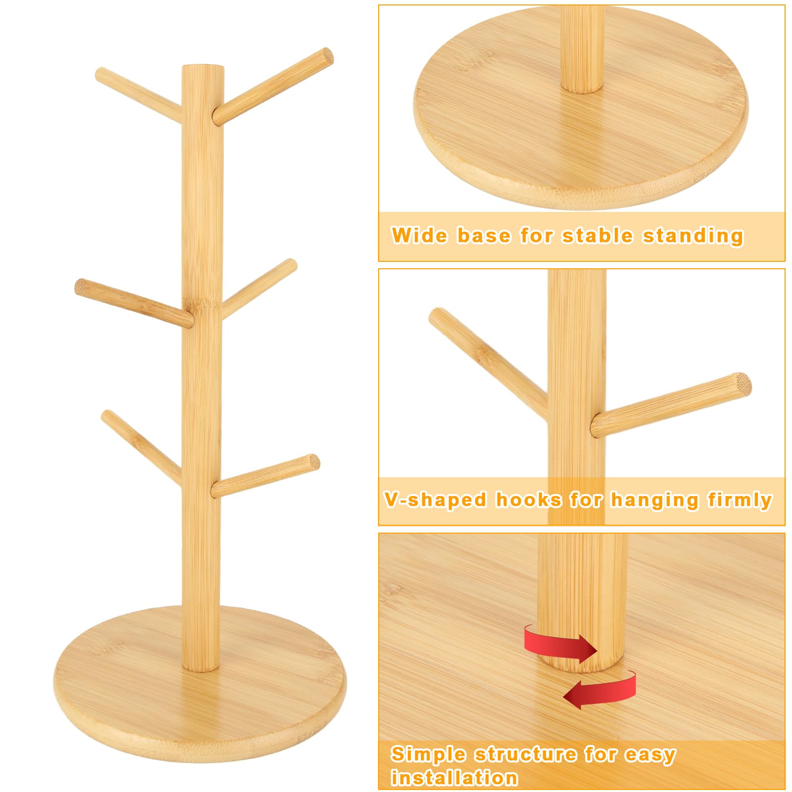LDXDRU 2Pcs Mug Holder Tree, Bamboo Coffee Mug Holder, Coffee Mug Tree, Coffee Cup Holder with 6 Hooks Mug Stand for Countertop, Coffee Bar Accessories & Decor