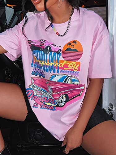 SHENHE Women's Graphic Tee Oversized Letter Drop Shoulder T Shirts Top Light Pink M
