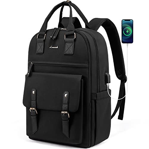 LOVEVOOK Laptop Backpack for Women,Vintage Work Business Travel Backpack with USB Charging Port,Teacher Doctor Nurse Computer Bag Purse College Backpack,17 Inch, Black-Black