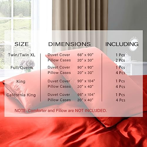 P Pothuiny 5 Pieces Satin Duvet Cover Full/Queen Size Set, Luxury Silky Like Red Duvet Cover Bedding Set with Zipper Closure, 1 Duvet Cover + 4 Pillow Cases (No Comforter)