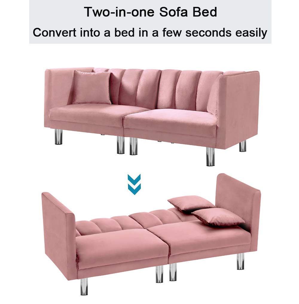 SLEERWAY Velvet Futon Sofa Bed with Two Pillows, Modern Sleeper Sofa Couch with 3 Adjustable Angles, Convertible Small Loveseat for Living Room, Pink