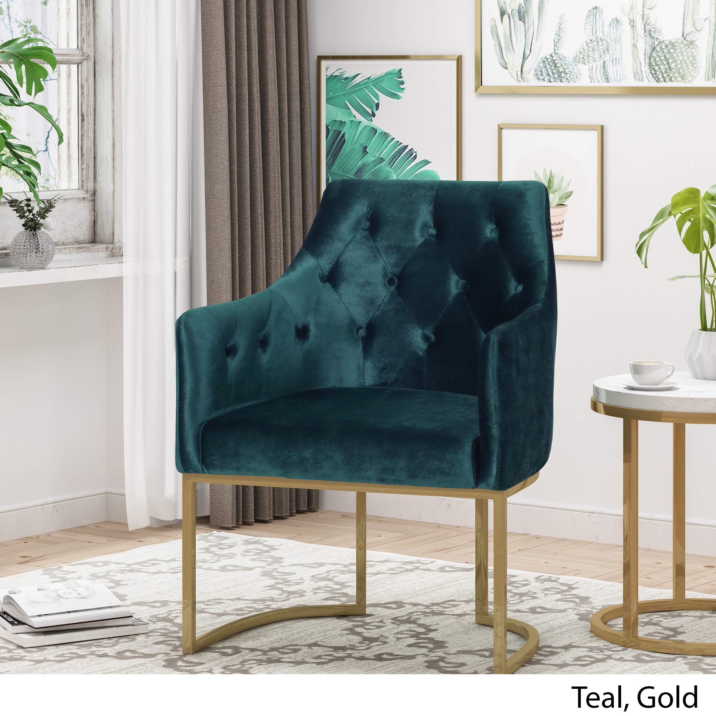 Christopher Knight Home Fern Modern Tufted Glam Accent Chair with Velvet Cushions and U-Shaped Base, Teal Finish, Black, Rose Gold 26D x 26W x 34H in