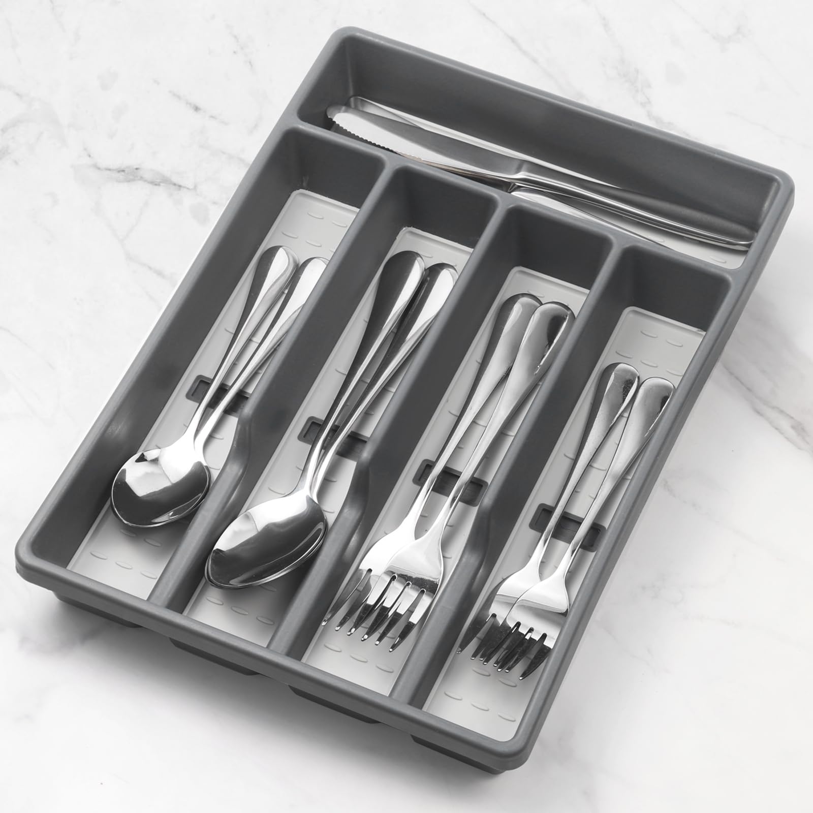 CherHome Silverware Organizer with Cutlery Icons,Silverware Tray for Kitchen Drawer,Plastic Flatware Tableware Silverware Drawer Organizer Utensil Organizer with Non-slip TPR Linings,5-Compartment