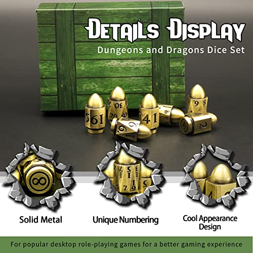 Metal Bullet Dice Set, DND Dice Set Dungeons and Dragons Dice, ZHOORQI D6 Dice Set D&D Dice Gifts for Role Playing Games, Pathfinder, Warhammer 40k or Theme Tabletop Games(7Bullet-Bronze)