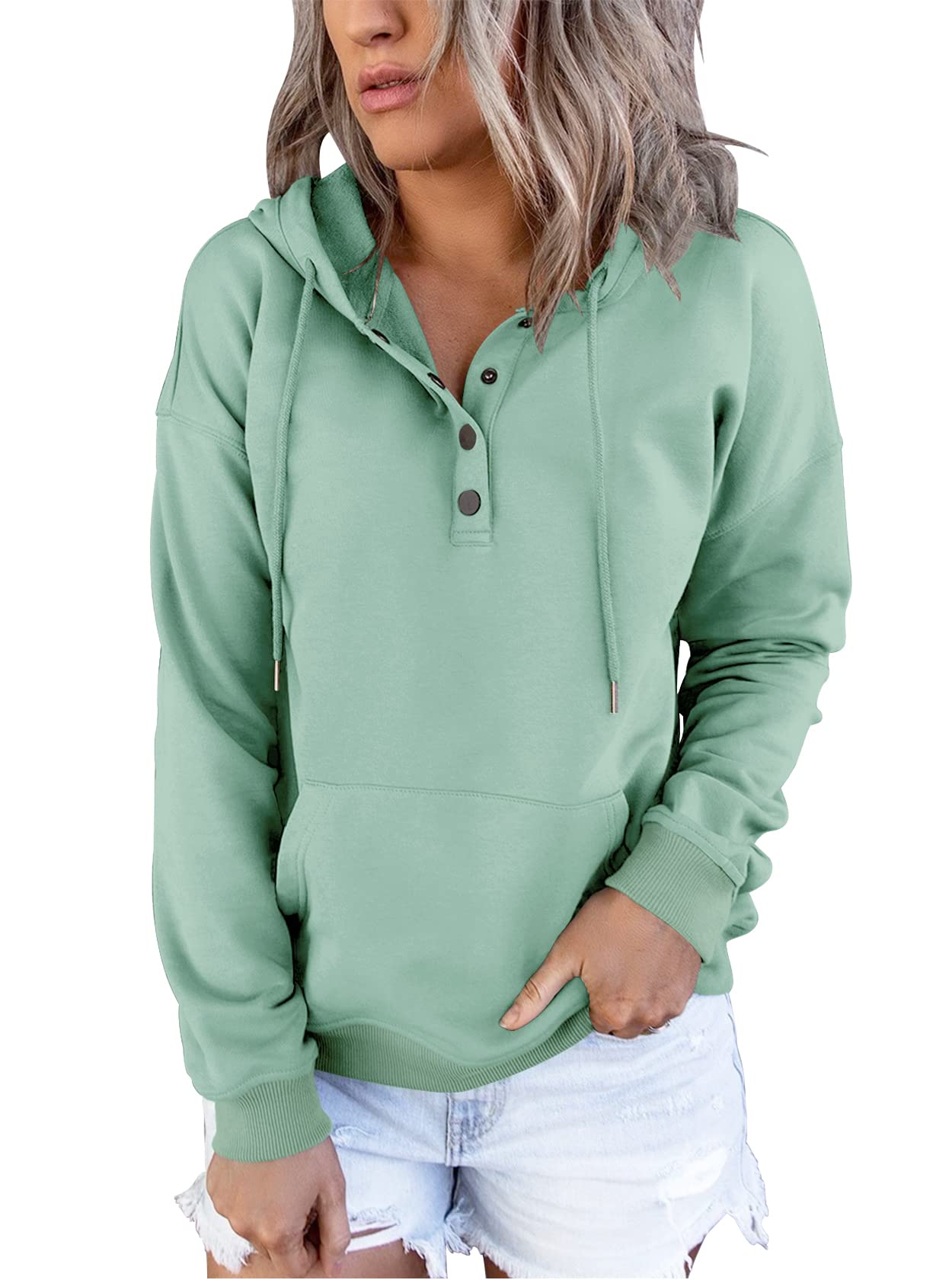 Dbtanjy Women's Hoodies Long Sleeve Tunic Tops Pullover Button up Blouse with Pocket (X-Large, Cyan-blue, x_l)
