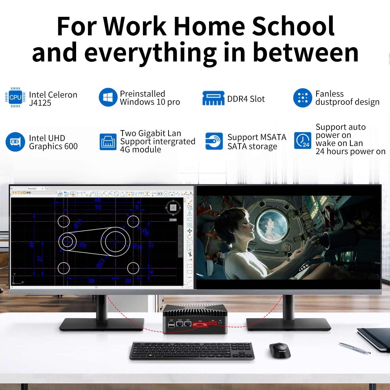 Kinupute Industrial Mini PC, Fanless Desktop Computer Celeron J1900 2.0-2.42GHz, Windows 10 Pro, 8GB RAM, 256GB SSD, 2xNICs, 2xCOM, HDMI/VGA Port, 2.4G+5G WiFi for Industry Office HTPC, Support Linux