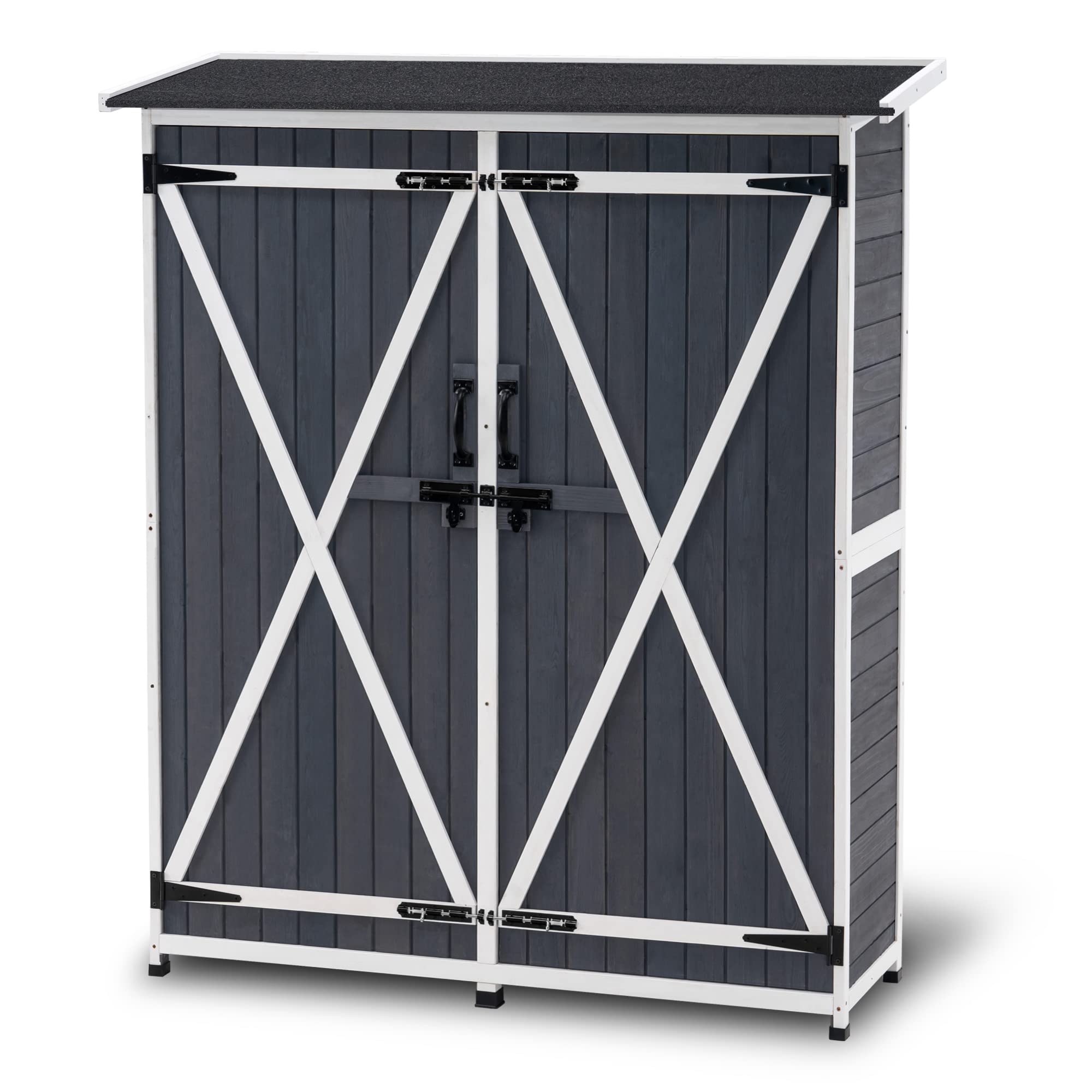 MCombo Storage Shed Backyard Utility Tools Organizer Outdoor Wooden Garden Racks Shelves with Lockers 2 Doors Home Furniture 6056-1400(Grey)