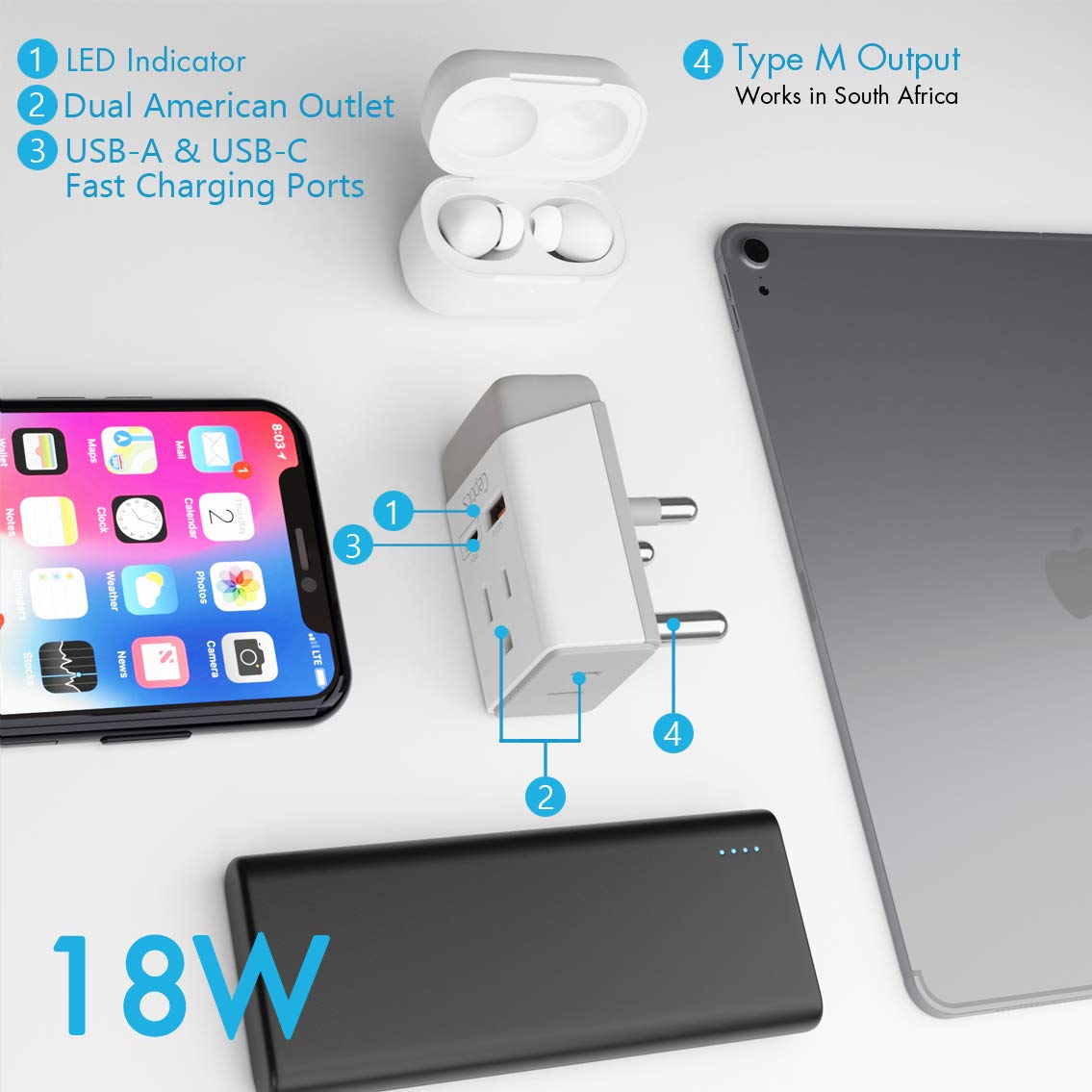 Ceptics South Africa Power Plug Adapter Travel QC 3.0 & PD, Safe Dual USB & USB-C - 2 USA Socket Compact & Powerful - Use in S. Africa Botswana - Type M AP-10L - Fast Charging