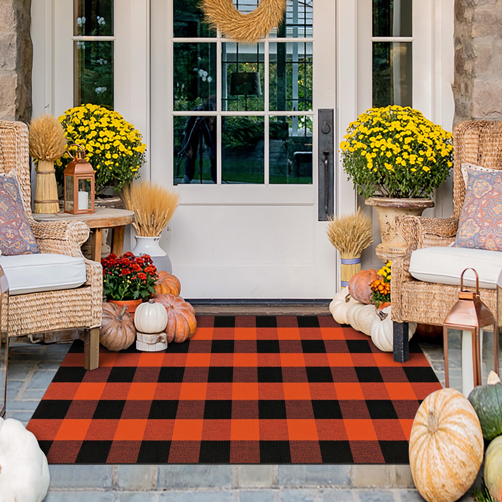 Fixseed Buffalo Plaid Outdoor Rug 3x5 Ft Fall Front Door Mat Orange Black Checked Rug Washable Doormat Large Rug for Entryway Patio Bathroom Kitchen Living Room Indoor Outdoor Fall Decor