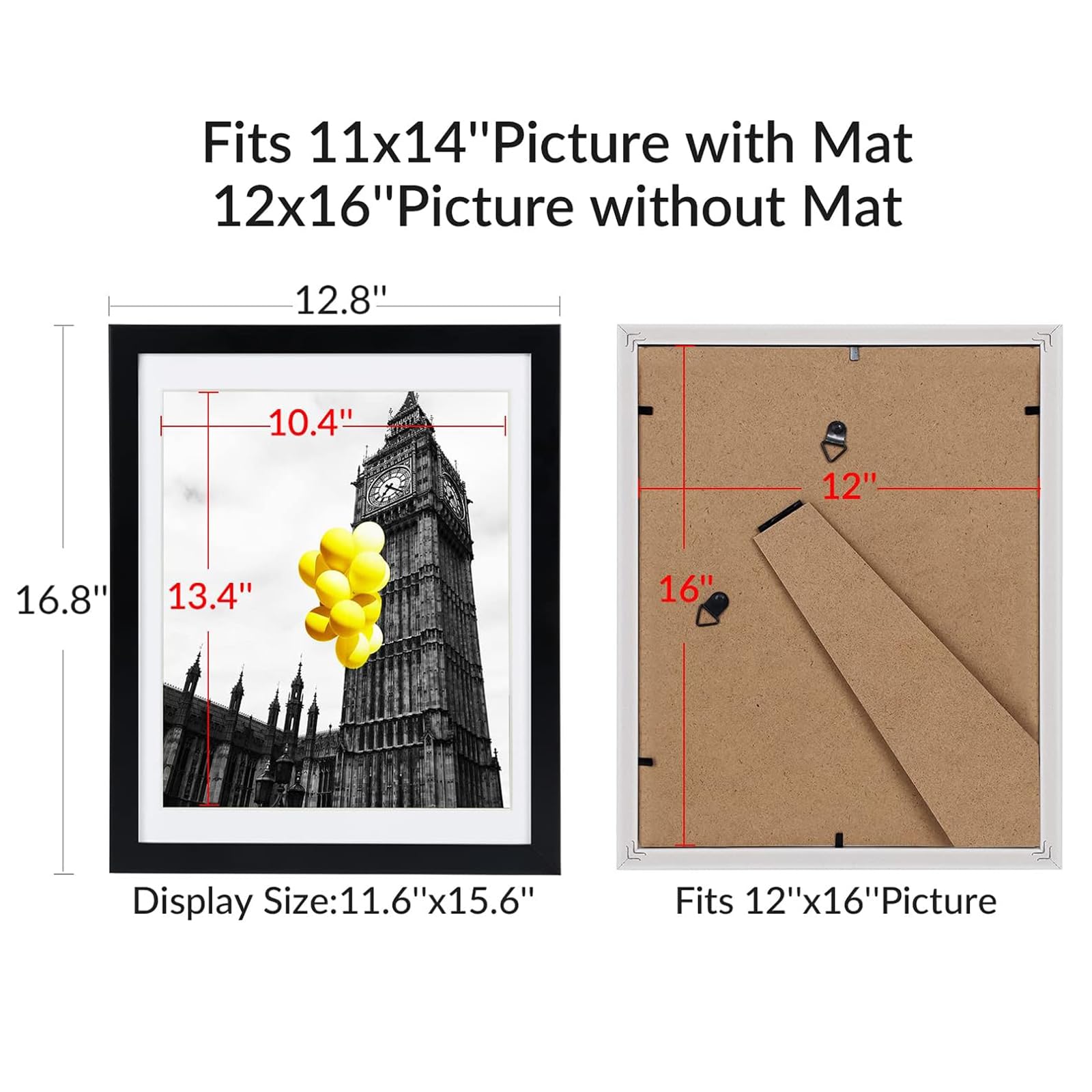 BSRHOME 12x16 Picture Frames Set of 2 with Plexiglass, Display Pictures 11x14 with Mat or 12x16 Without Mat for Tabletop Display and Wall Mounting,Black