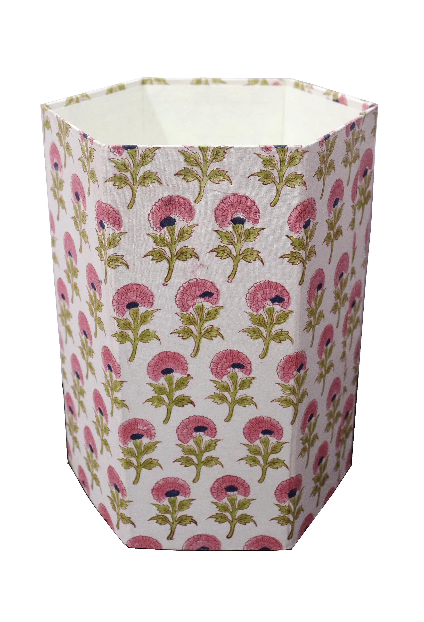 Generic Floral Hand Block Print Paper Dustbin, Cotton Printed Wastebasket, Indian Vintage Home Decor, Hotel Room Decor (1, WHITE PINK)