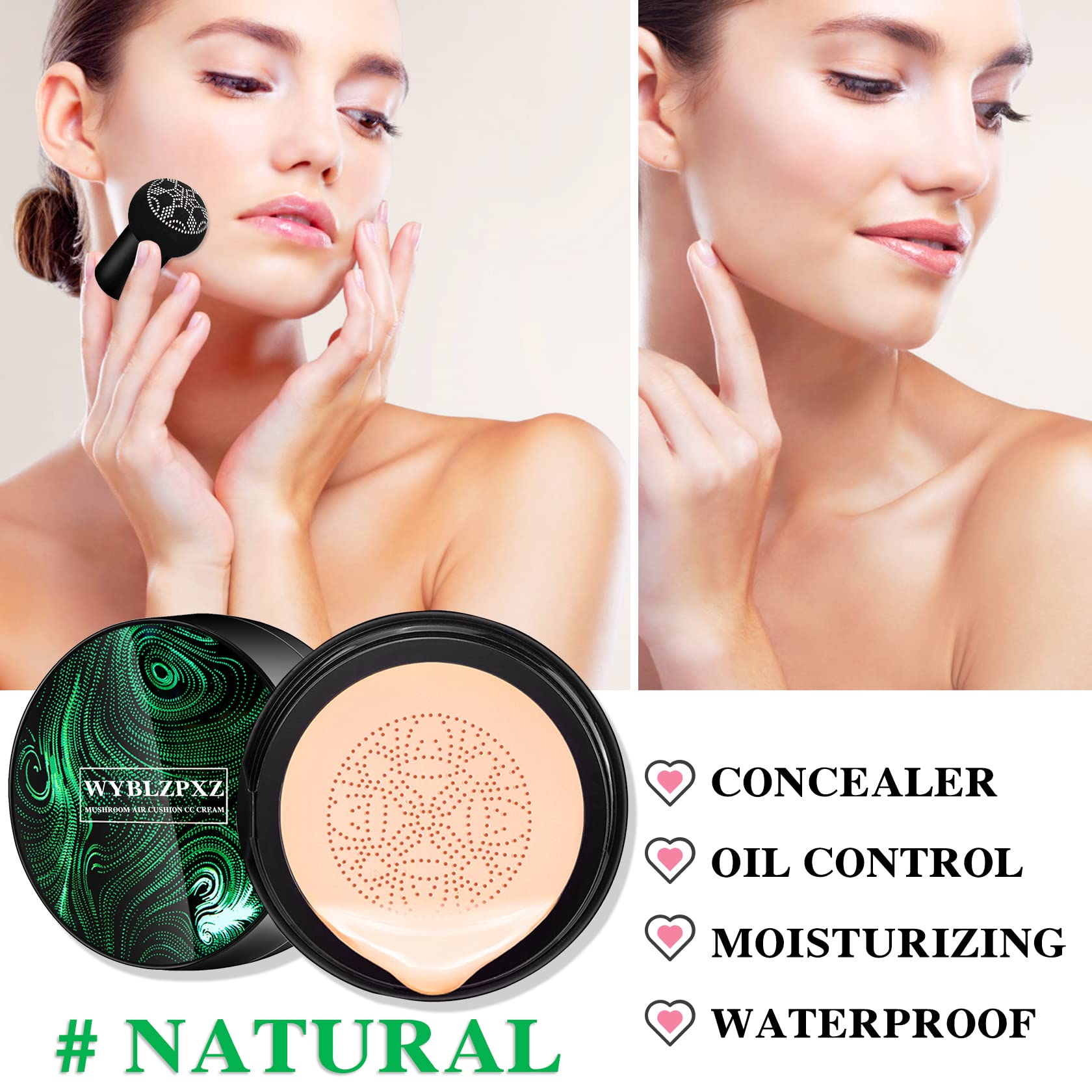 Mushroom Head Air Cushion CC Cream BB Cream Cushion Foundation Moisturizing Full Coverage Foundation Concealer Lasting Foundation Makeup Tone Makeup Base Primer（Natural）