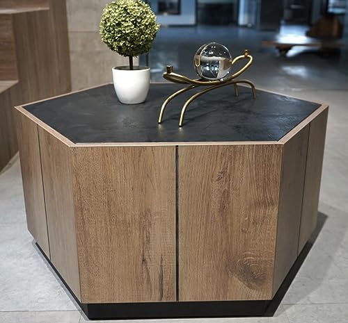 LKTART Hexagonal Rural Style Garden Retro Wood Coffee Table Cocktail Table with 2 Drawers Reception and Living Room Textured Grey Warm Oak