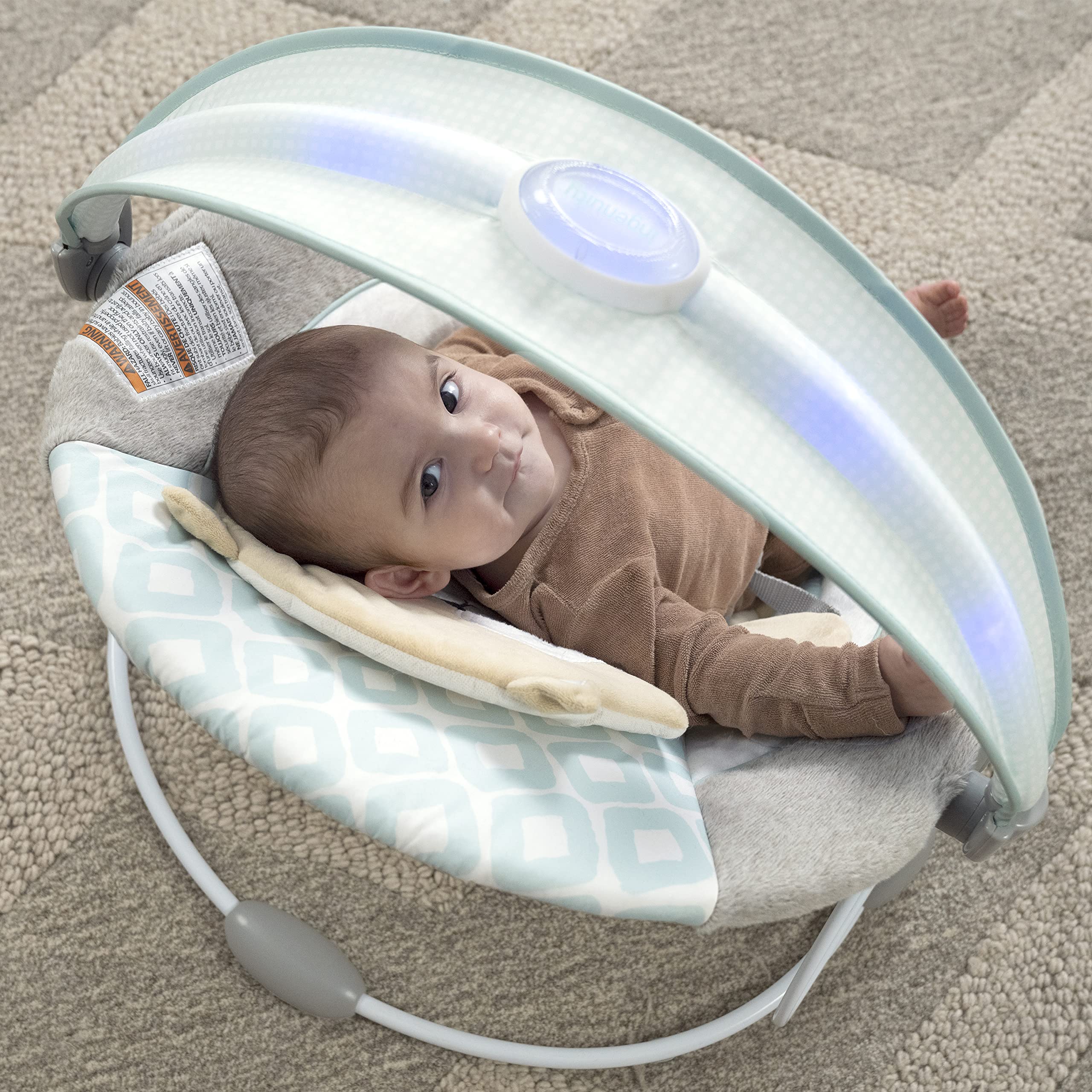 Ingenuity InLighten Baby Bouncer Seat with Light Up-Toy Bar and Bunny Tummy Time Pillow Mat - Kitt, Newborn and up