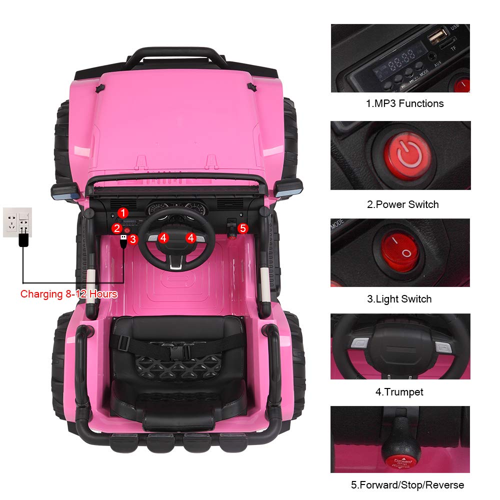 VALUE BOX Extra Larger Ride On Truck, 12V Battery Electric Kids Toddler Motorized Vehicles Toy Car w/Remote Control, 3 Speeds, Spring Suspension, Seat Belts, LED Lights and Realistic Horns (Pink)
