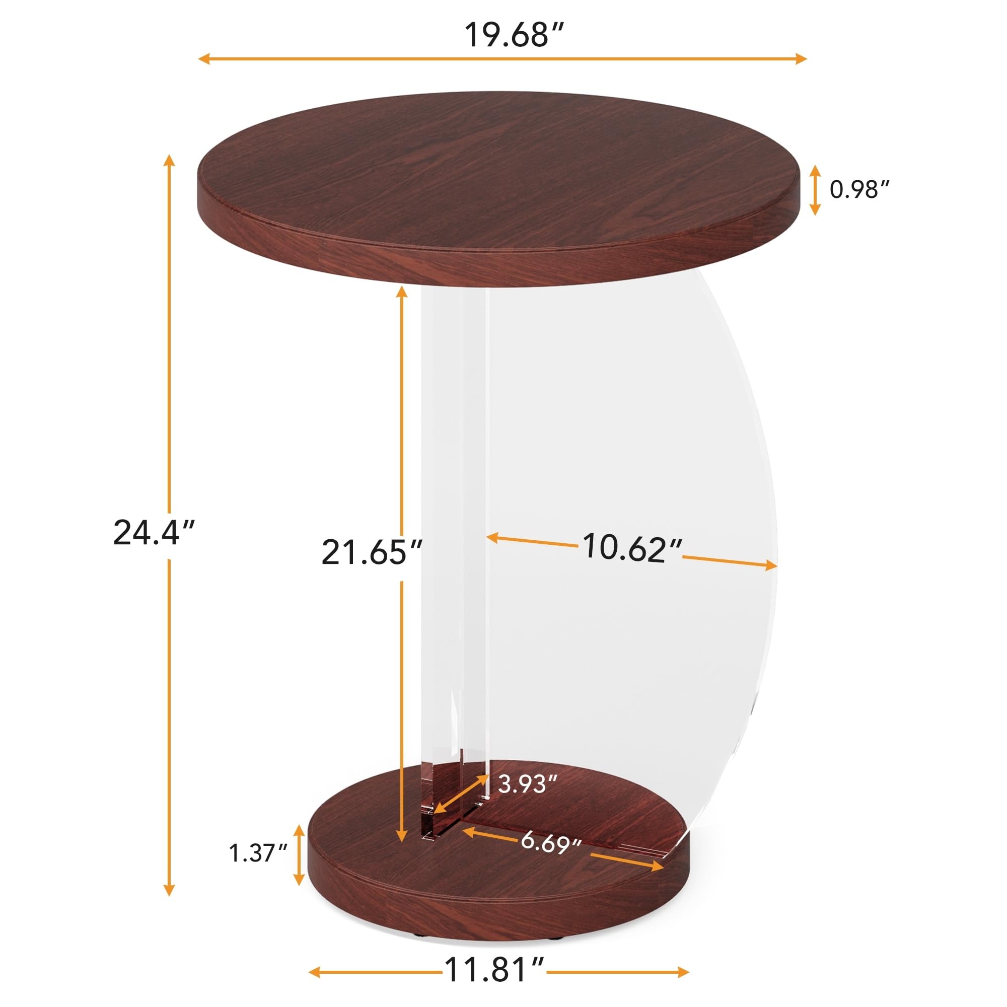 Cherry Finish Round End Side Table with Acrylic Legs Living Room Accent Tables Brown Modern Contemporary Wood Includes Hardware
