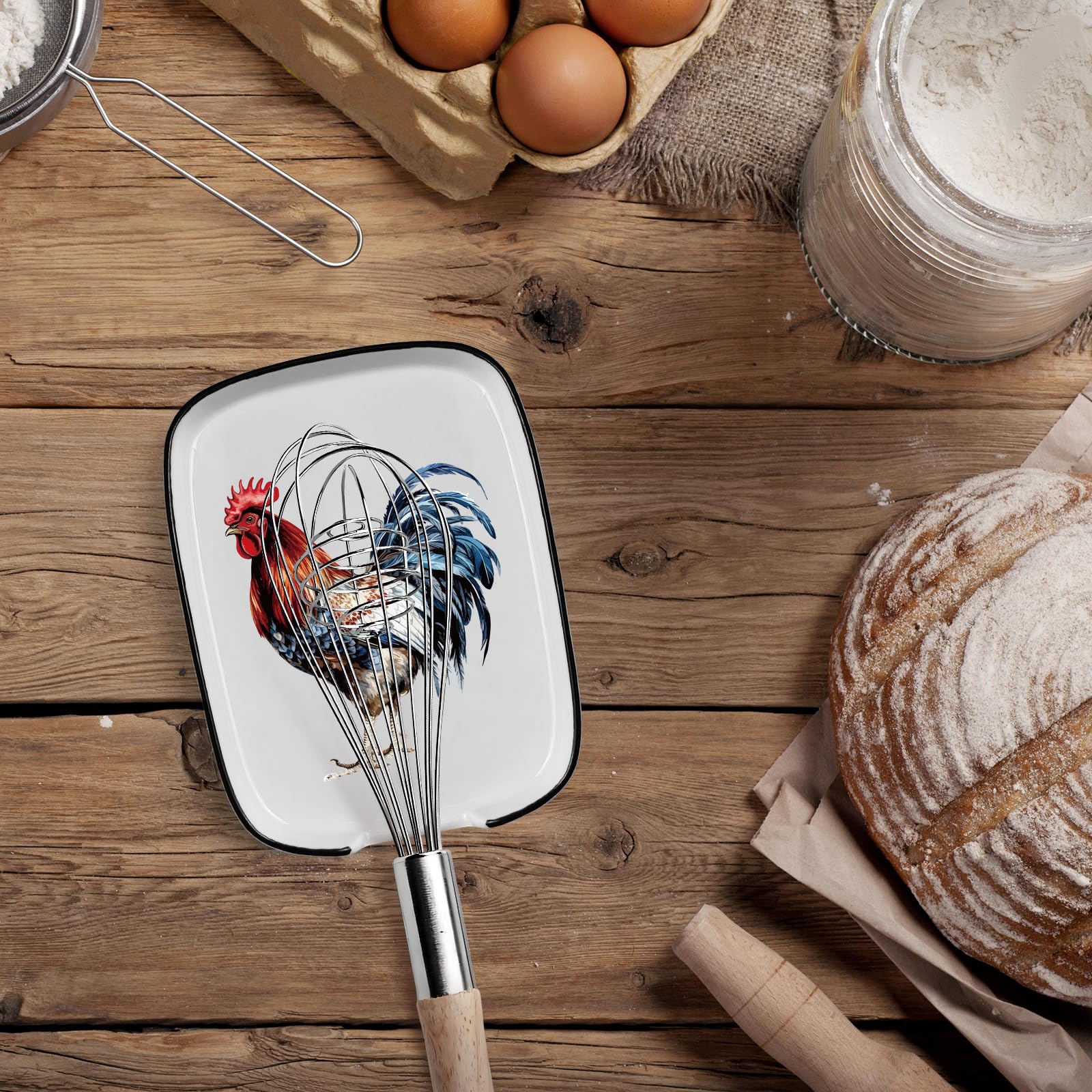 Funny Cute Rooster Patten Ceramic Spoon Rest for Kitchen Stove Top Counter, Large Spoon Holder for Kitchen Counter-Heat Resistant Cooking Utensil Rest Farmhouse Kitchen Décor (Do Not Use Dishwasher)