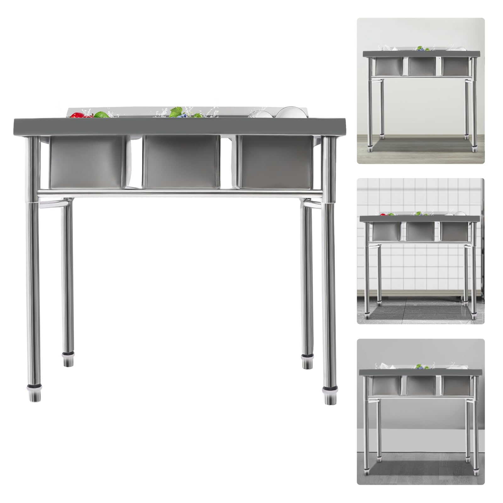 Florchest Standing Three Bowl Kitchen Sink Set, 3 Compartment Commercial Kitchen Sink Stainless Steel/Garage Prep & Utility Sink for Restaurants Kitchen, Laundry Room,Outdoor