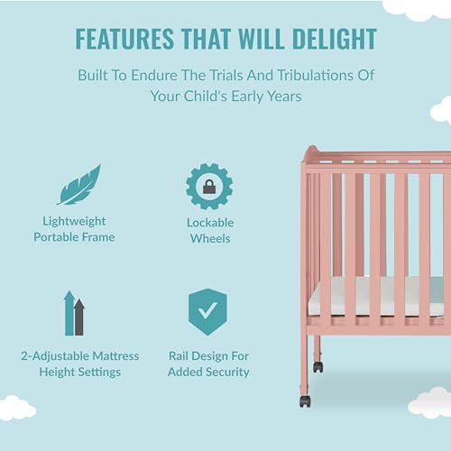 Dream On Me 2-in-1 Portable Folding Stationary Side Crib in Dusty Pink, Greenguard Gold Certified, Two Adjustable Mattress Height Positions,Made of Solid Pinewood, Flat Folding Crib