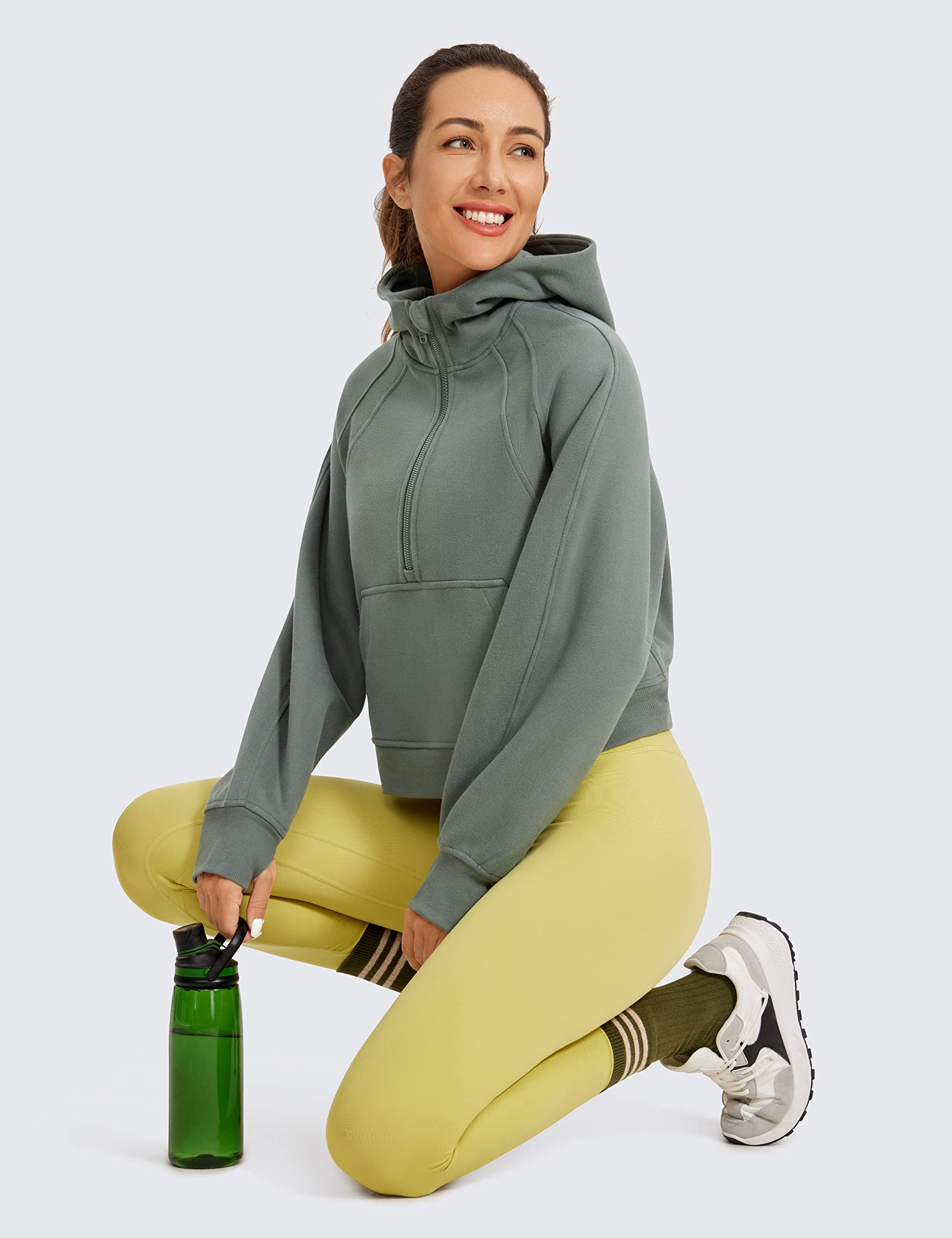 CRZ YOGA Fleece Lined Hoodies for Women Half-Zip Pullover Cropped Sweatshirt with Thumb Hole Ink Blue Large