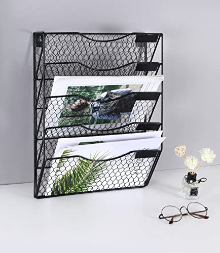 BSJYMJIAJU 5 Slots Arc Wall File Holder Wall Mount Magazine Rack Hanging Mail Organizer Metal Wire Mesh Wall Mount Mail Literature Organizer for Home and Office (Black)