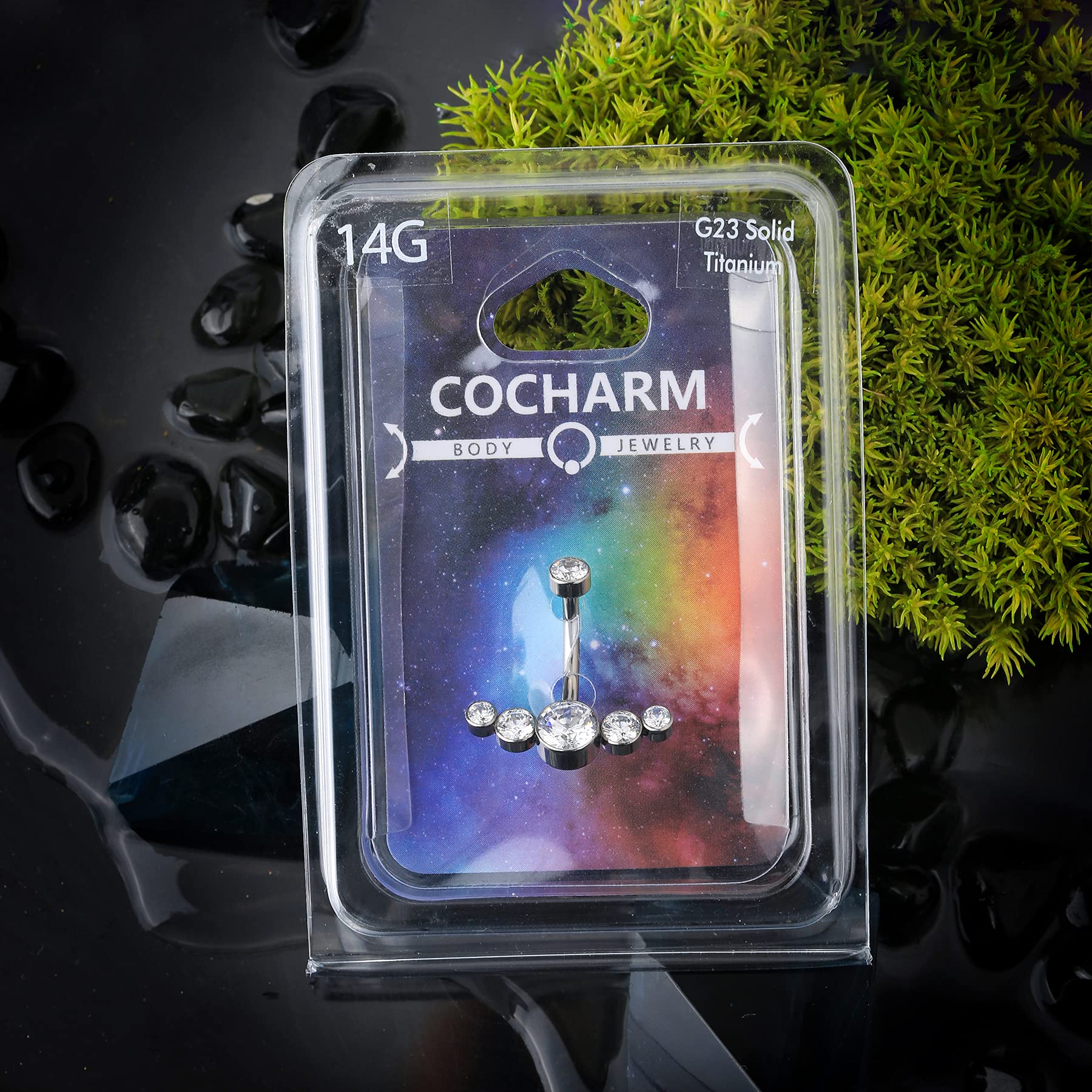 COCHARM G23 Solid Titanium Belly Button Ring 14g Bezel Cluster Opal Belly Rings Dangle Belly Button Rings Surgical Steel for Women Men