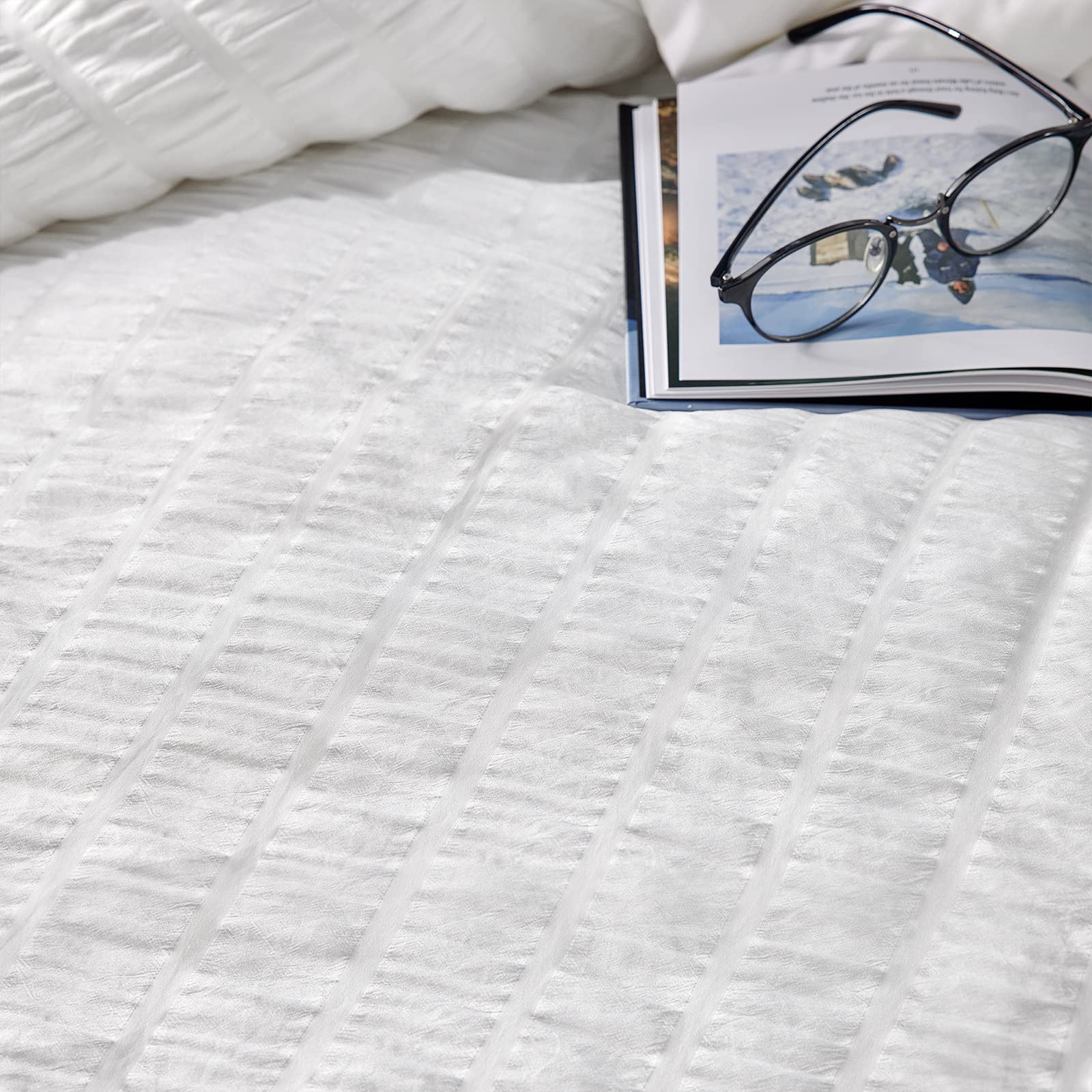 CozyLux Queen Bed in a Bag White Seersucker Comforter Set with Sheets 7-Pieces All Season Bedding Sets with Comforter, Pillow Sham, Flat Sheet, Fitted Sheet and Pillowcase