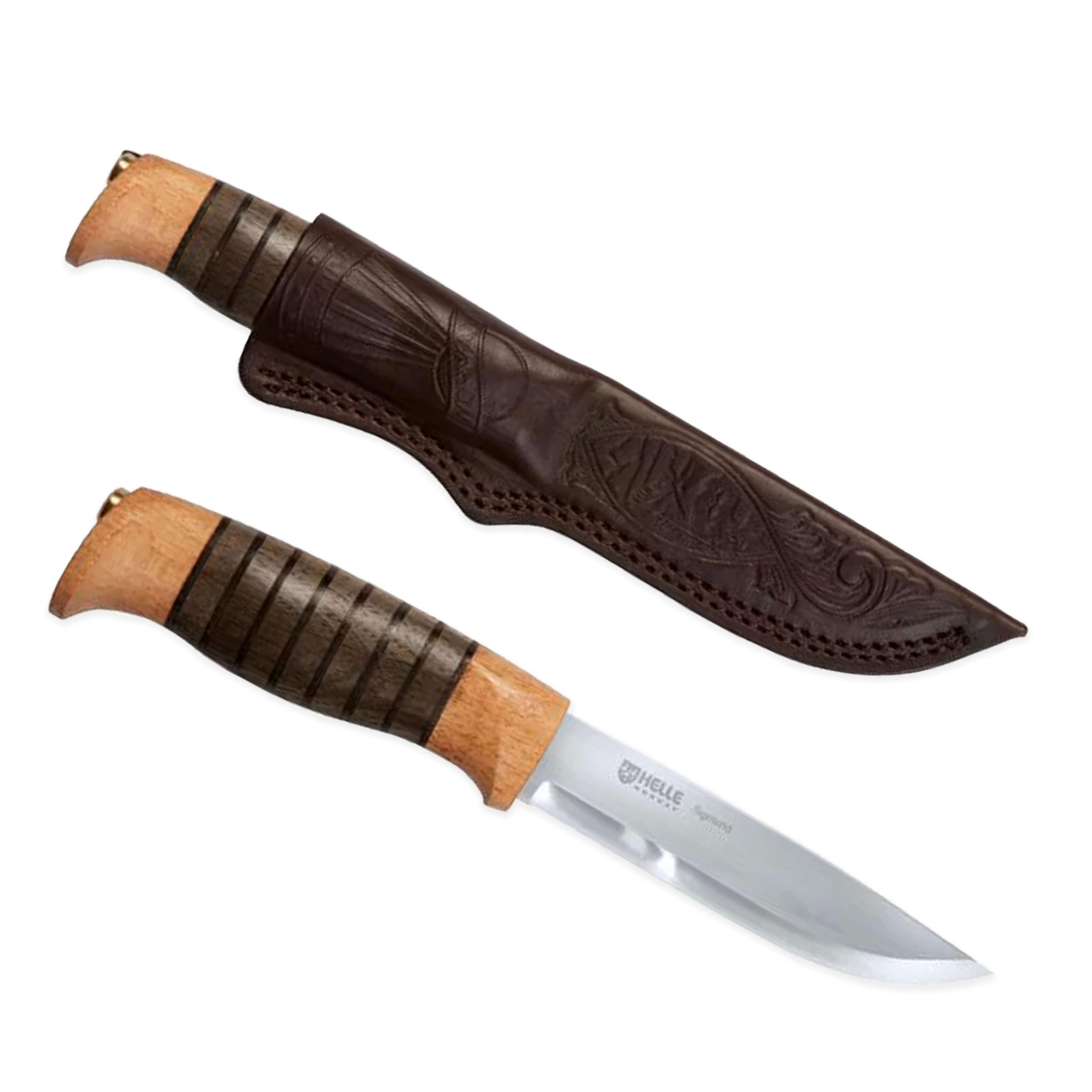 Helle Knives - Sigmund - Triple Laminated Stainless Steel Fixed Blade - Beech, Darkened Oak, & Leather Handle - Leather Sheath - Field Knife for Camping, Fishing, Hunting, Men & Women - Made in Norway