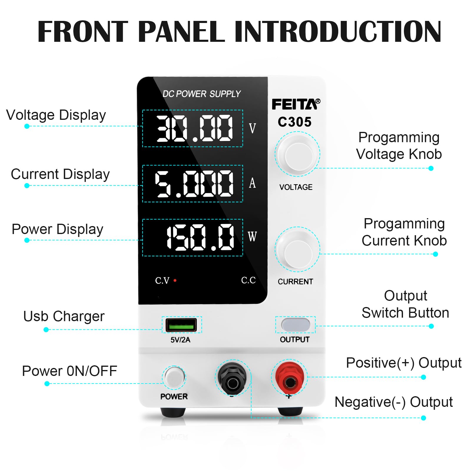 FEITA C305 DC Power Variable Supply Adjustable 30V 5A High Precision Bench Lab Power Supplies Programmable with Output Switch, 5V/2A USB Interface for Anodizing & Electroplating Kit