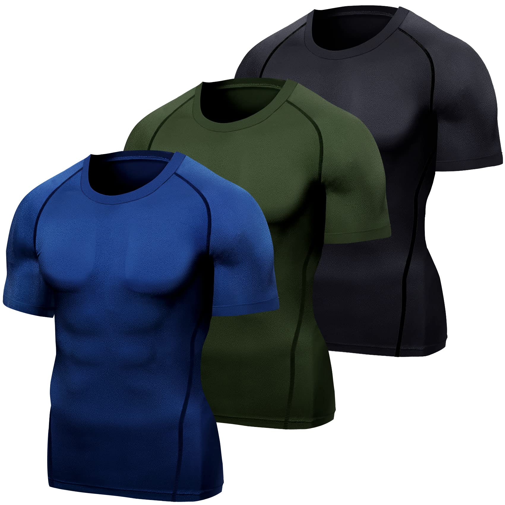 dfen 3pack Mens New Quick Dry Compression Under Base Layer Jersey Fit Cool Gear Top Round Neck Short Sleeve Shirt BBGNNN_M