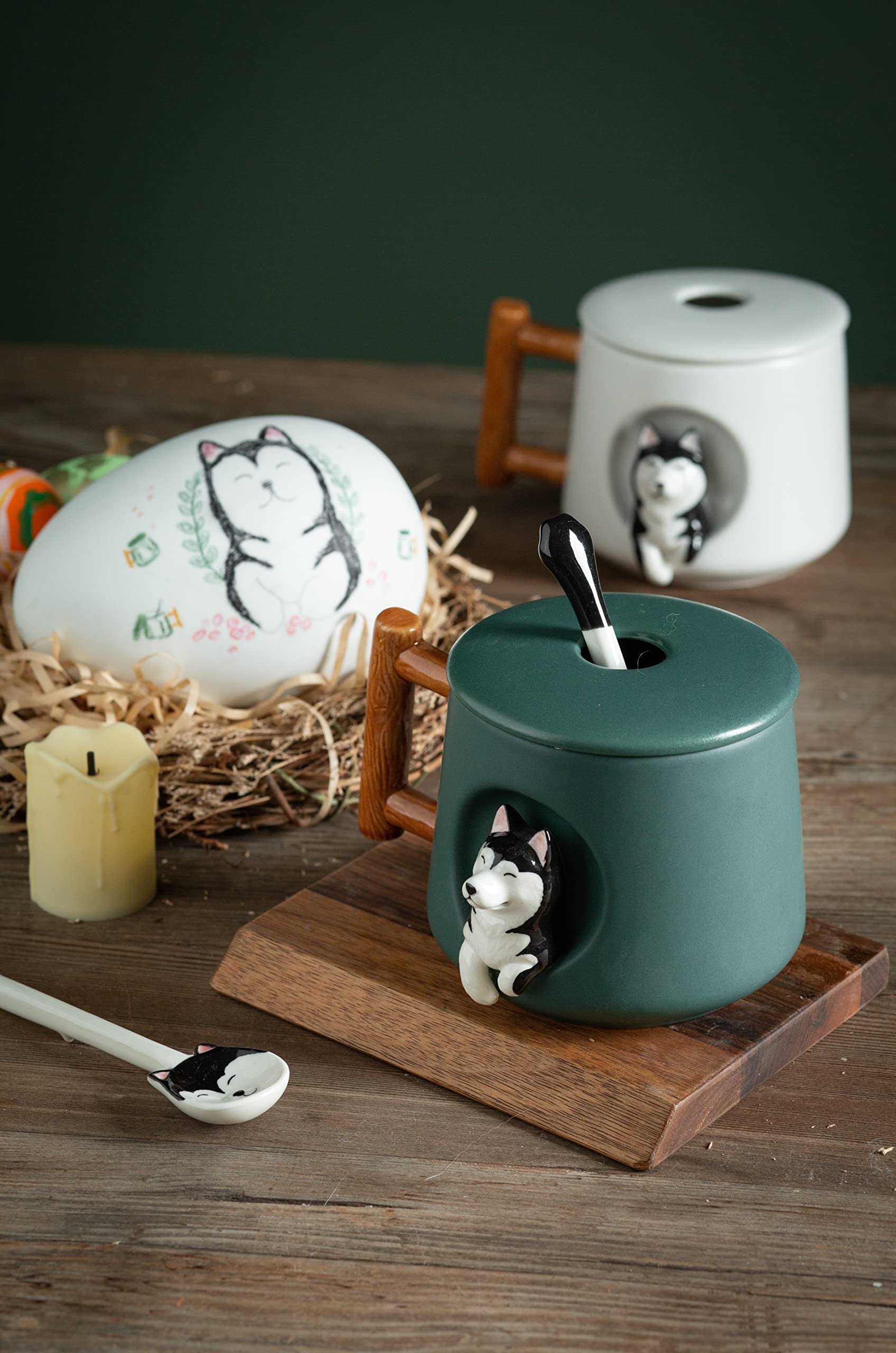 DIHOclub Ceramic Coffee Mug with Lid and Matching Spoon,Novelty 3D Husky Pattern Mug for Tea Milk Chocolate Juice,Cute Cup for Dog Lovers,Perfect Gifts-14 Ounces (green)