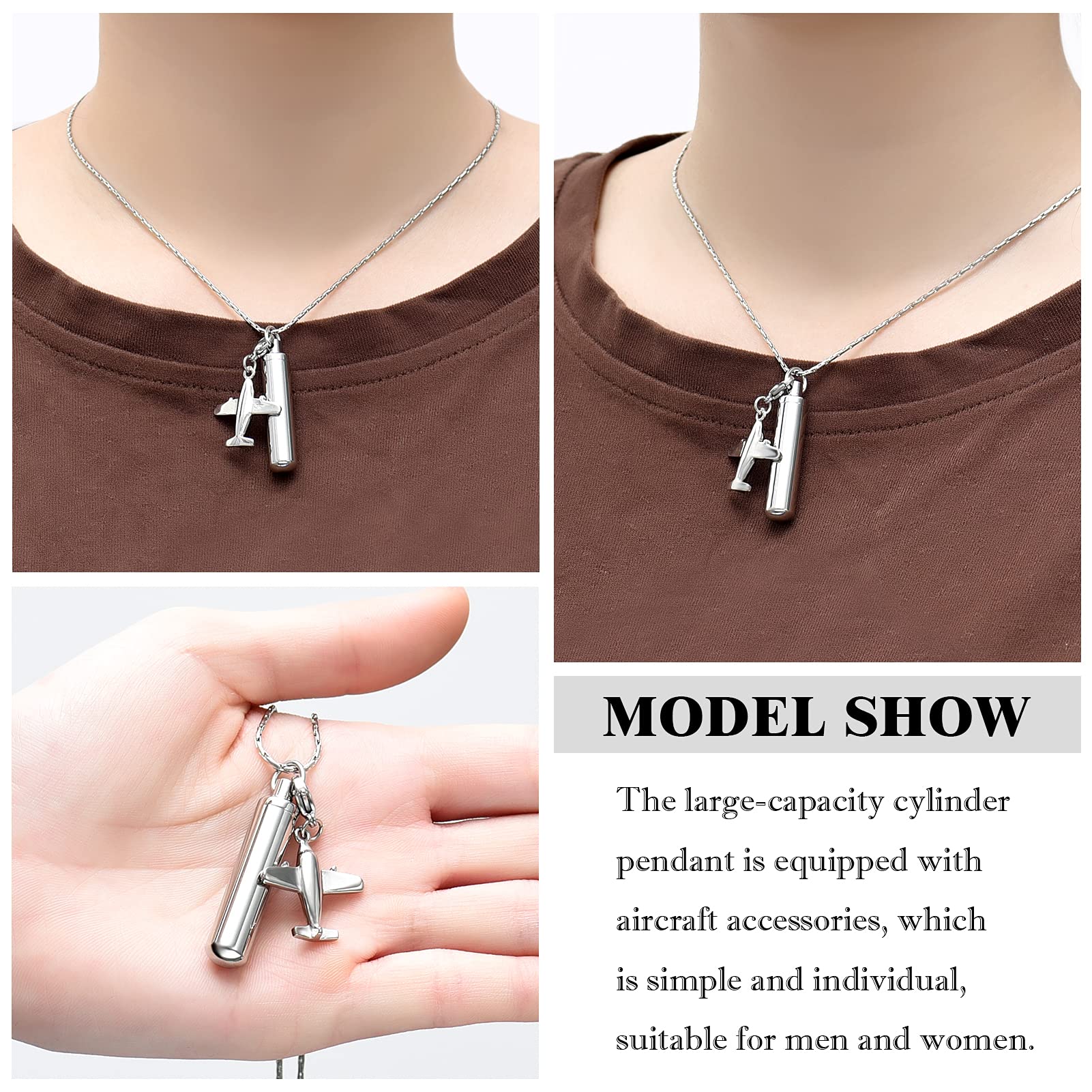 constantlife Cylinder Cremation Jewelry for Ashes 316L Stainless Steel Urn Pendant Memorial Necklace with Small Accessories Charms Keepsake (Airplane)