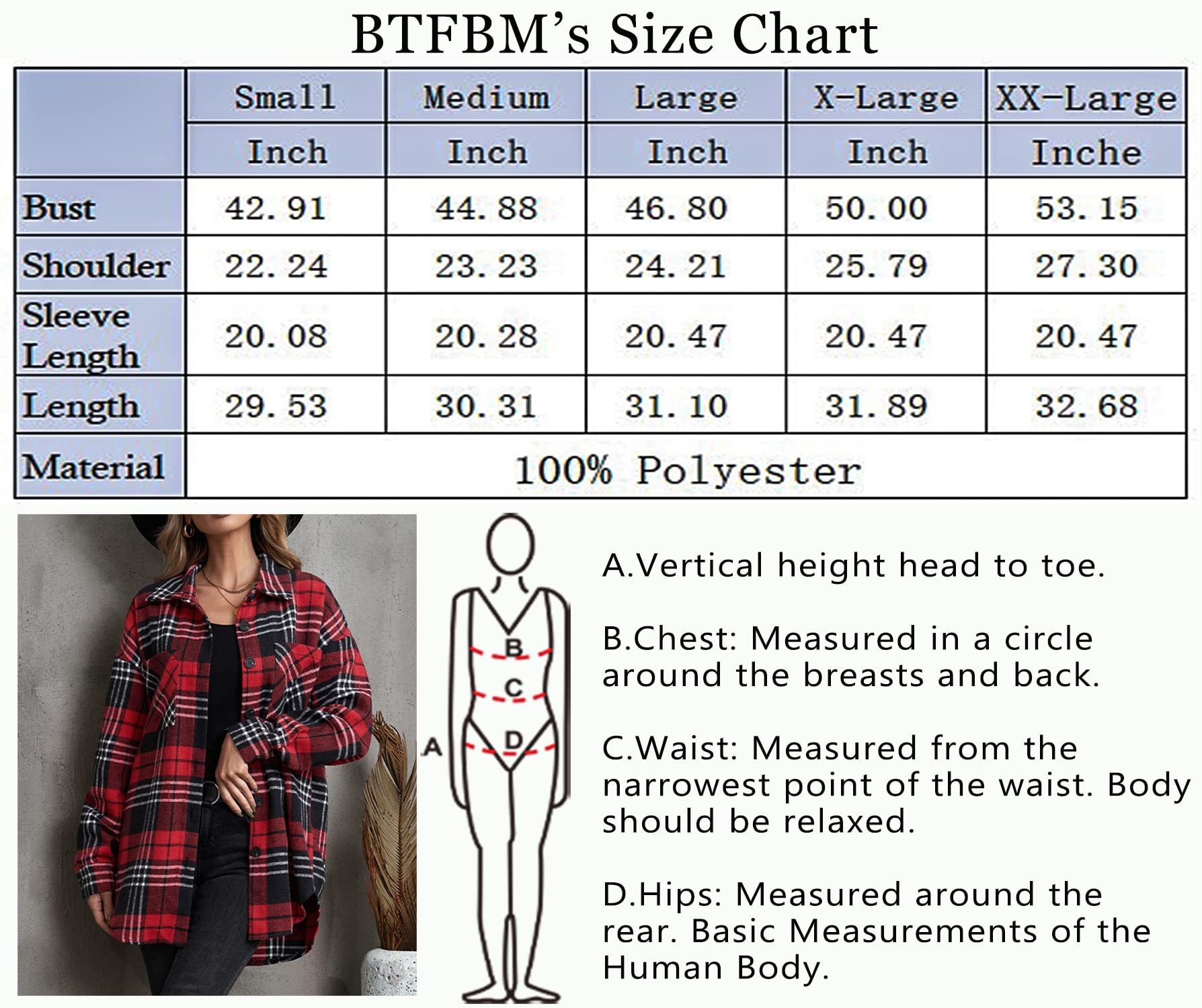 BTFBM Women's Long Sleeve Button Down Jackets Plaid Flannel Shirts Tops Casual Lapel V Neck Oversized Shackets Blouses Top (X-Large, Plaid Print Red)