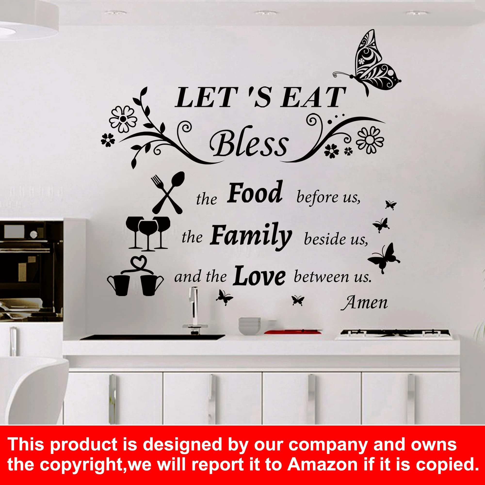 Kitchen Wall Decals Dinner Meal Prayer Wall Stickers Vinyl Kitchen Quotes Wall Decal Let's Eat Bless The Food Before Us Sign Saying Stickers for Dinning Room Home Restaurant