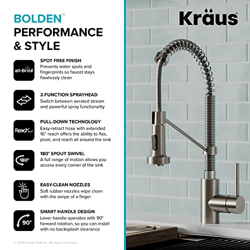 KRAUS Bolden Commercial Style 2-Function Single Handle Pull Down Kitchen Faucet in Spot-Free Stainless Steel/Chrome, KPF-1610SFSCH (Pack of 1)
