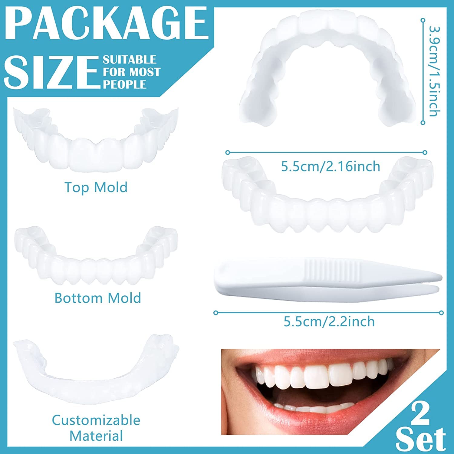 daliwan Dentures Veneers Fake White Teeth with Teeth, Veneers Dentures Socket for Women and Men, Dental Veneers for Temporary Tooth Repair, 2.0 Count