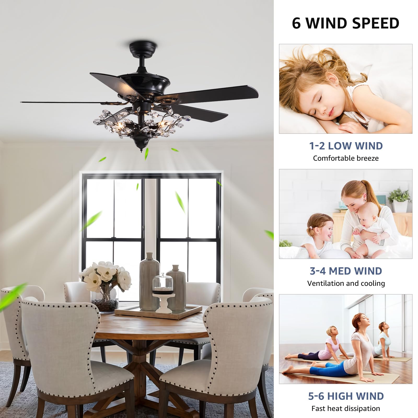CROSSIO Modern Crystal Chandelier Ceiling Fan Gorgeous Reversible Ceiling Fan Light Fixture with Remote for Bedroom Living Room (Black-2, 50")